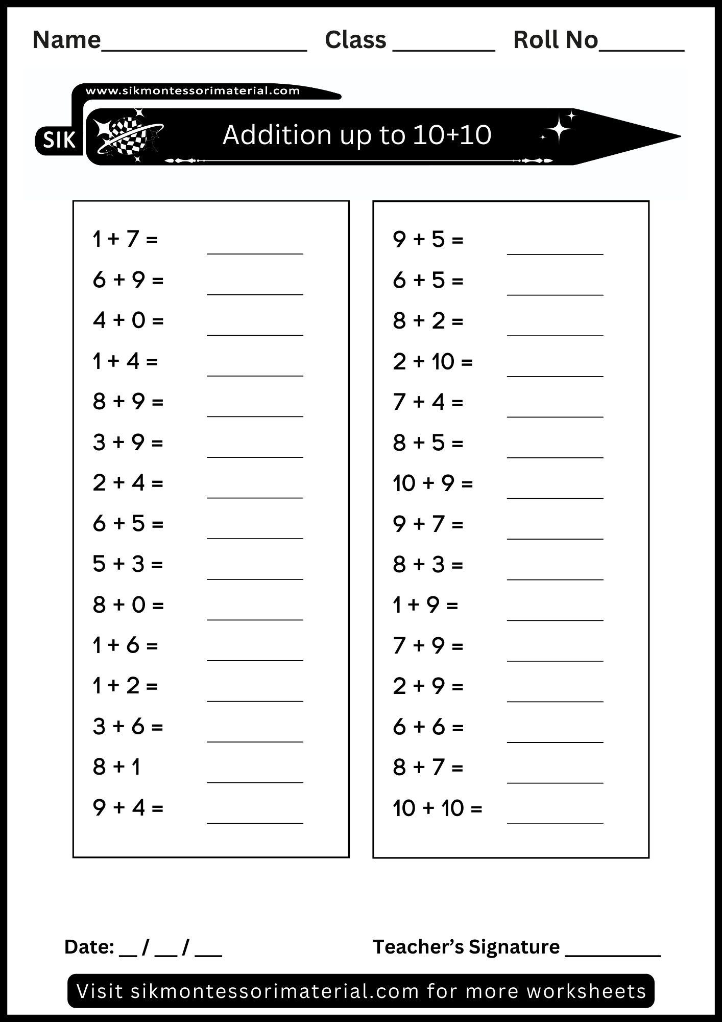 Download Free Math Addition Worksheets for Senior Montessori - SIK ...