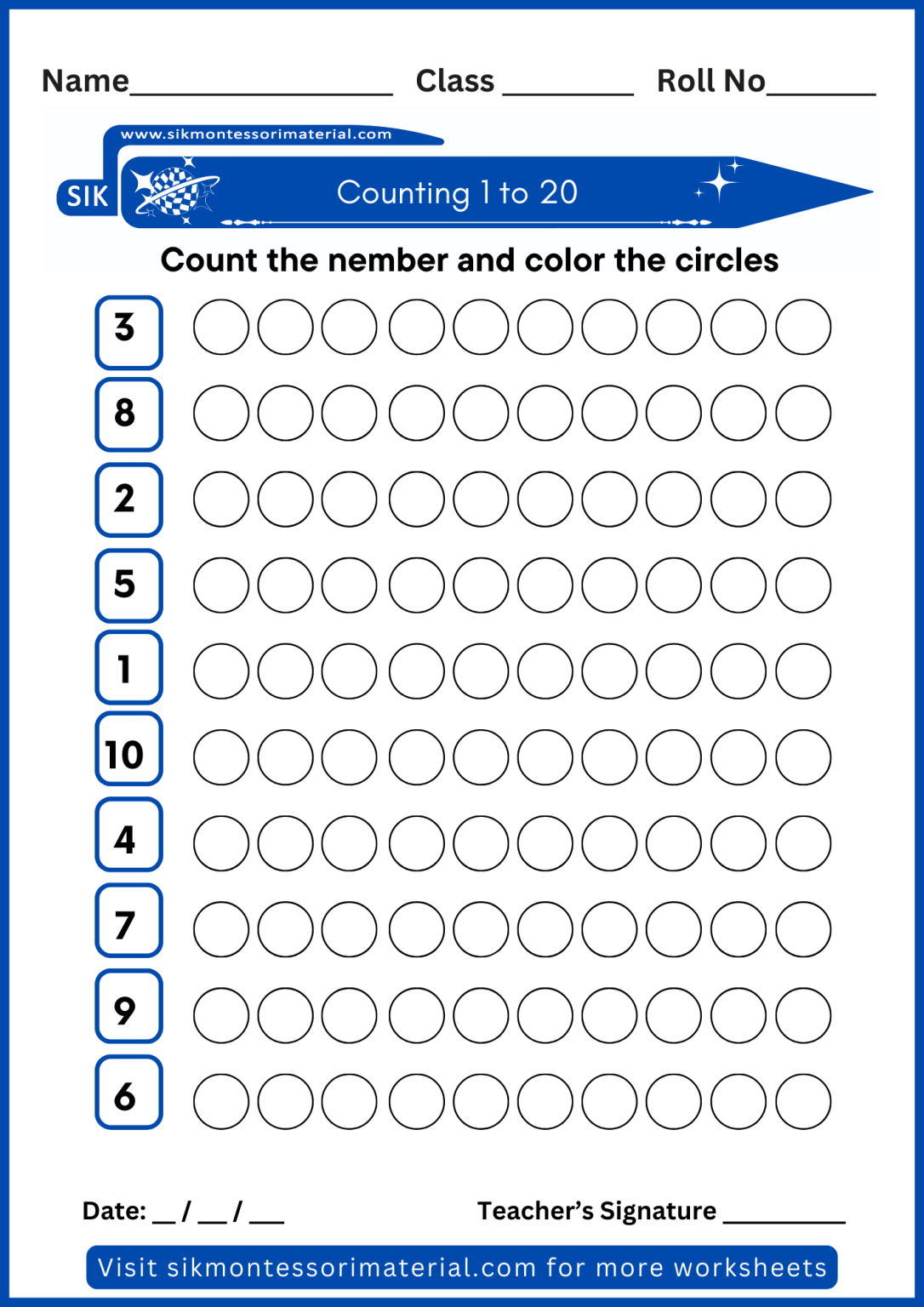 Count and Color worksheets for Junior Montessori - SIK Montessori Material